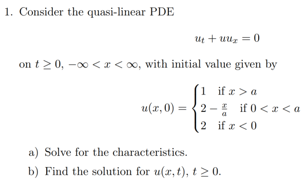 Solved 1. Consider the quasi-linear PDE Ut + uur = 0 on t > | Chegg.com