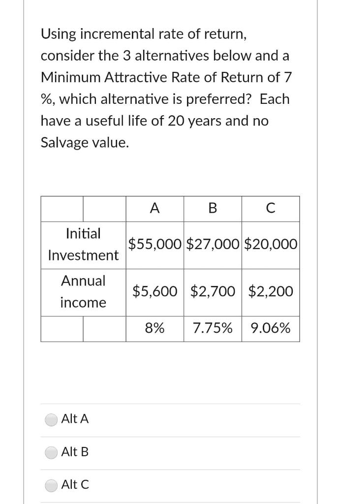 Solved Using incremental rate of return, consider the 3 | Chegg.com