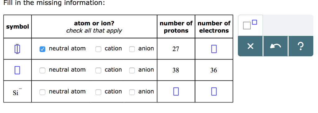 Solved Fill in the missing information: atom or ion? check | Chegg.com