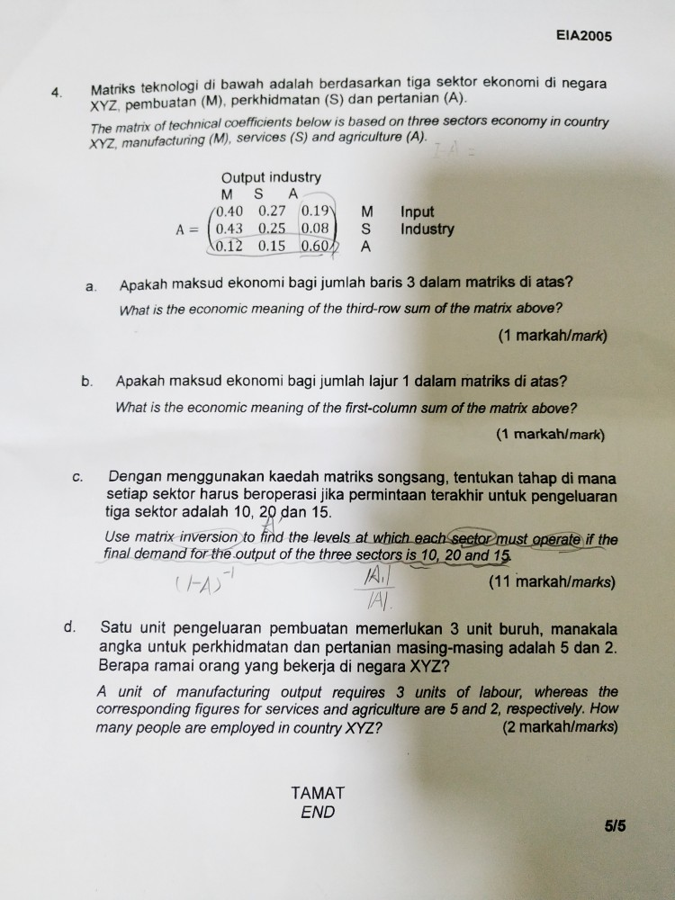 Solved EIA 2005 4. Matriks teknologi di bawah adalah | Chegg.com
