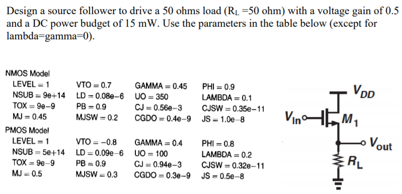 Design a source follower to drive a 50 ohms load (RL | Chegg.com