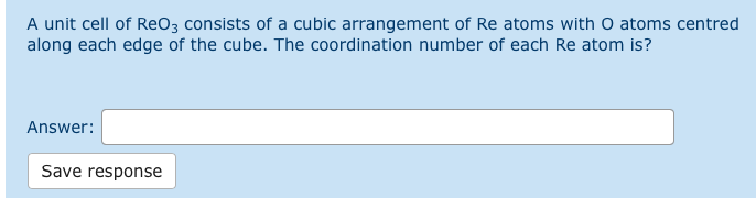 Solved A unit cell of ReO3 consists of a cubic arrangement | Chegg.com