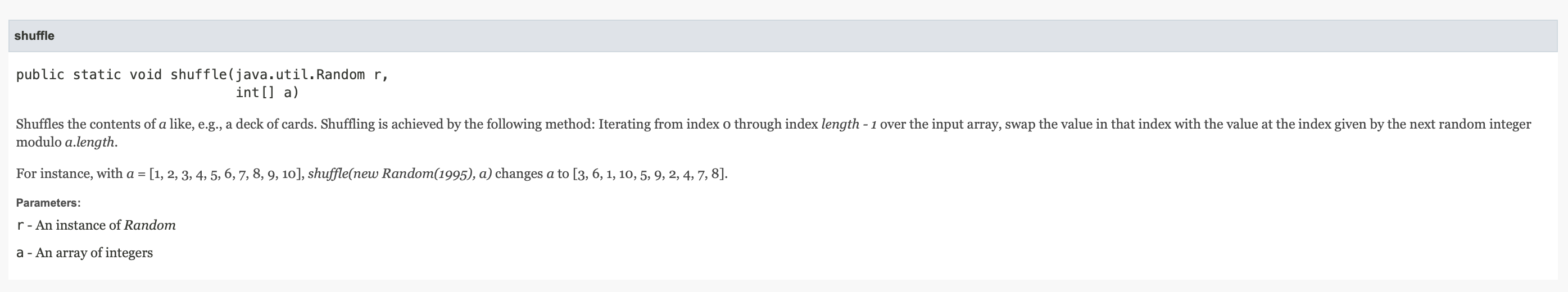 Solved shuffle public static void shuffle (java.util. Random | Chegg.com