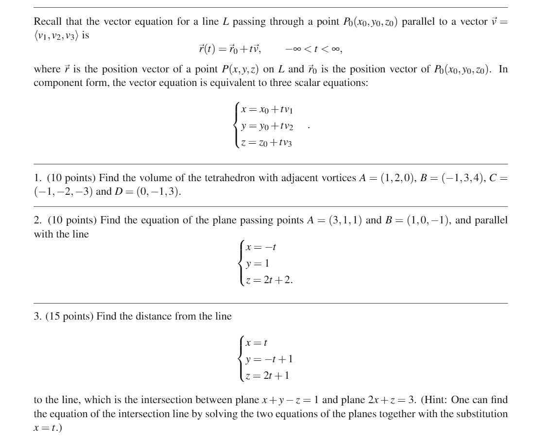 Solved Recall that the vector equation for a line L passing | Chegg.com