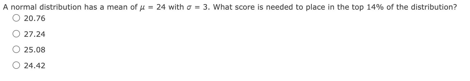 Solved A normal distribution has a mean of μ=24 with σ=3. | Chegg.com