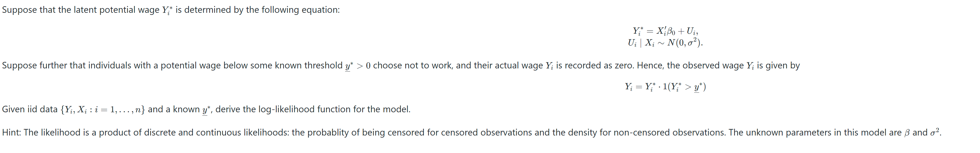 Solved Suppose that the latent potential wage Yi** ﻿is | Chegg.com