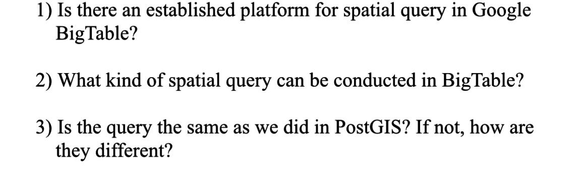 Solved 1) Is there an established platform for spatial query | Chegg.com