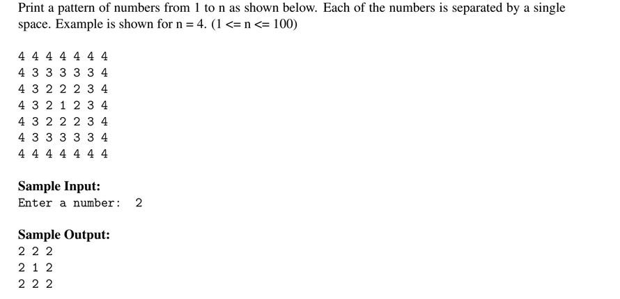 Solved Print a pattern of numbers from 1 to n as shown | Chegg.com