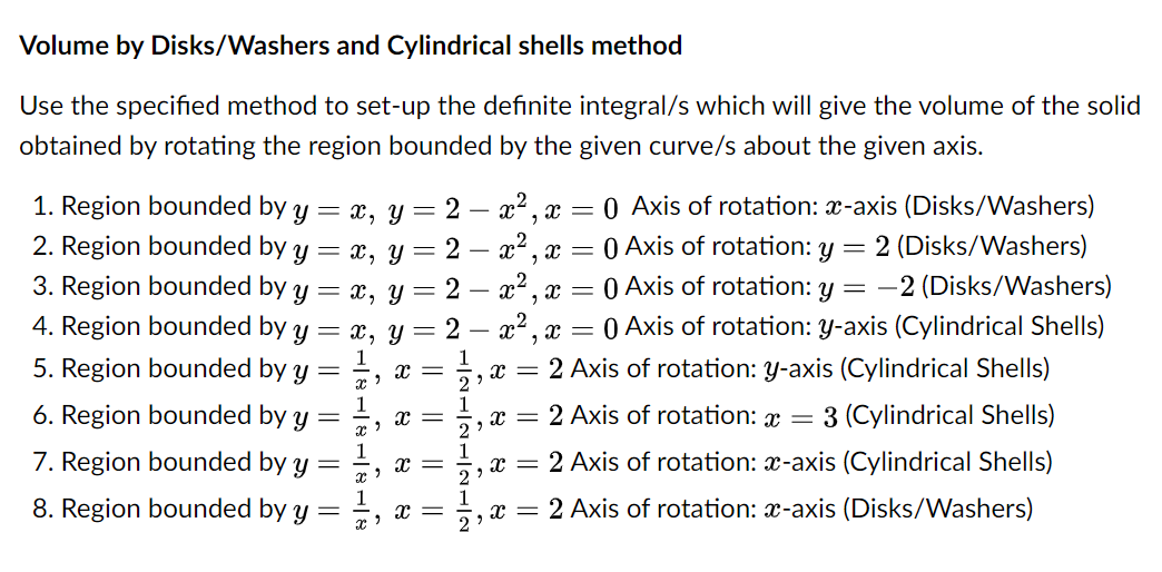 Solved Volume by Disks/Washers and Cylindrical shells method | Chegg.com
