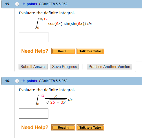 Solved 15. + -1 points SCalcET8 5.5.062. Evaluate the | Chegg.com