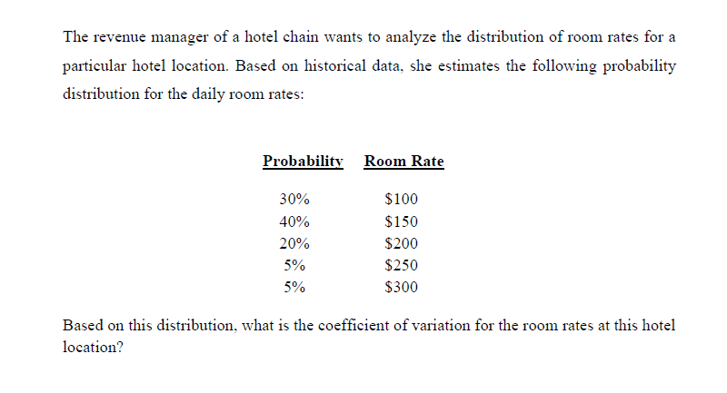 Solved The revenue manager of a hotel chain wants to analyze | Chegg.com