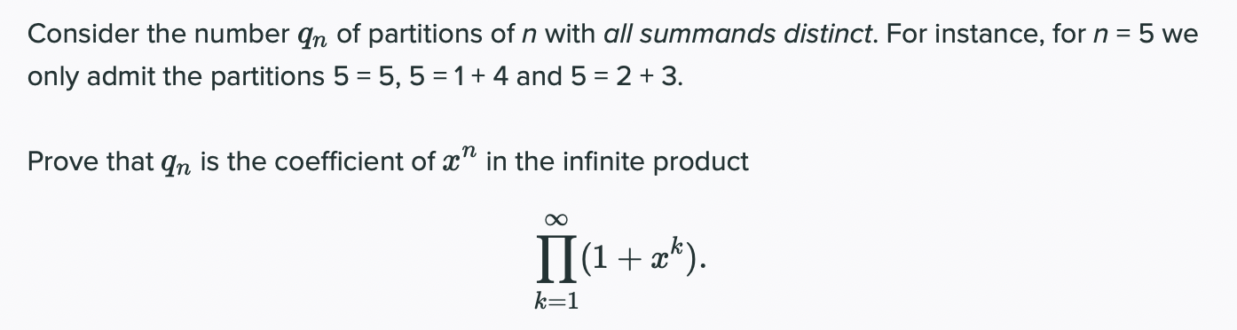 Solved Consider the number qn of partitions of n with all | Chegg.com