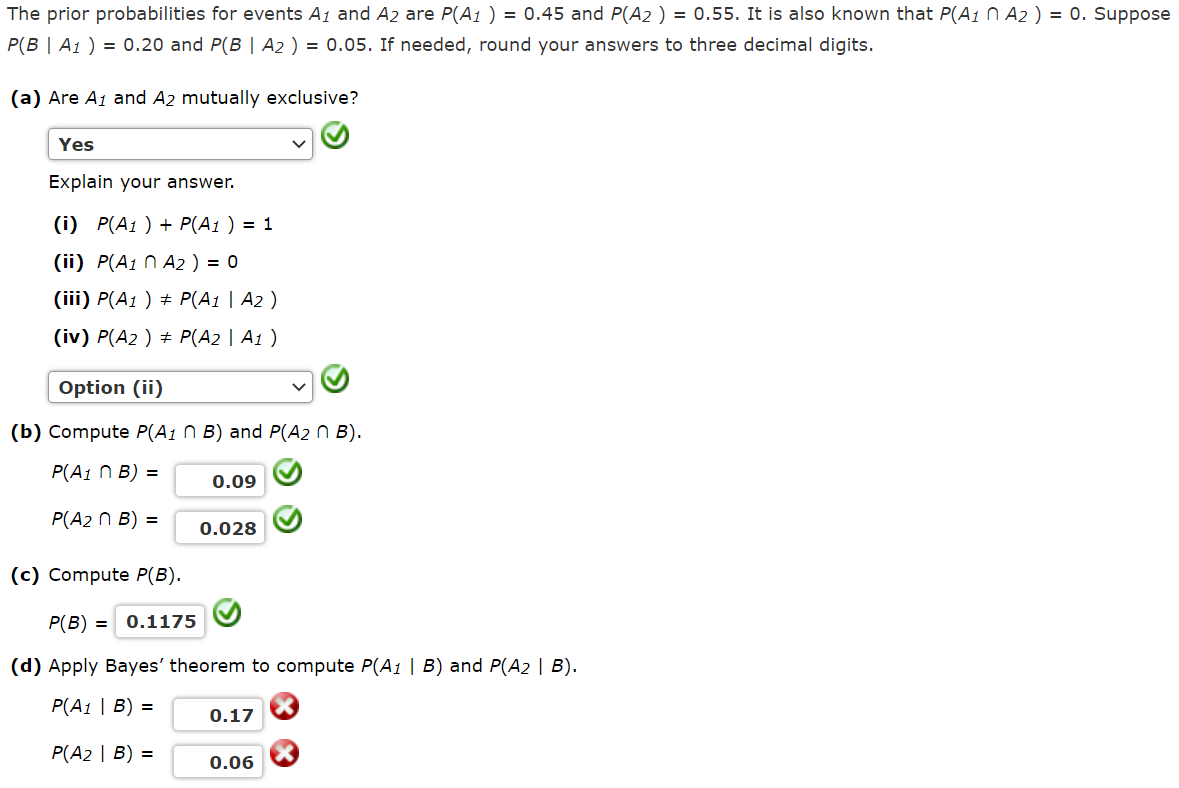 Solved The prior probabilities for events A1 and A2 are | Chegg.com