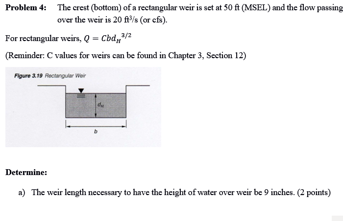 Solved Problem 4: The crest (bottom) of a rectangular weir | Chegg.com