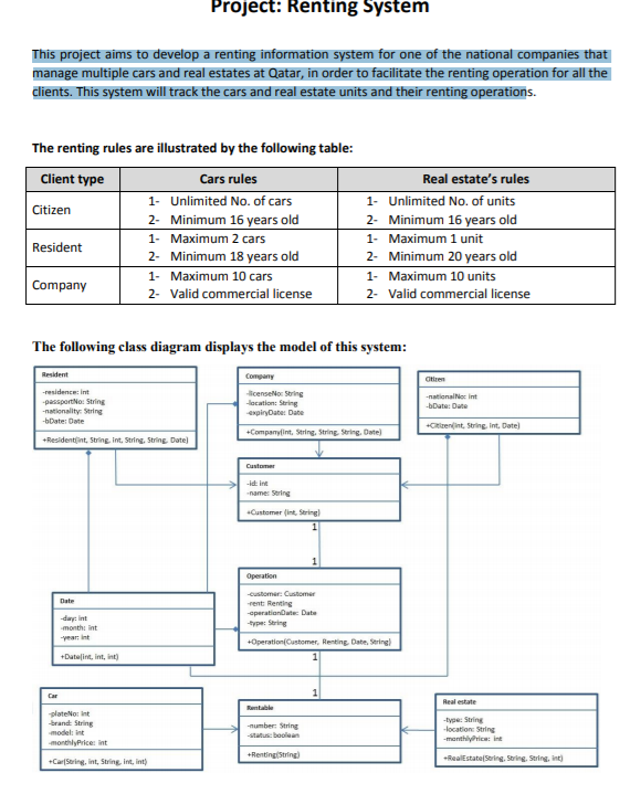 Project: Renting System This project aims to develop | Chegg.com