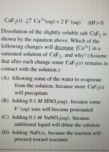 Solved Dissolution of the slightly soluble salt CaF2 is | Chegg.com