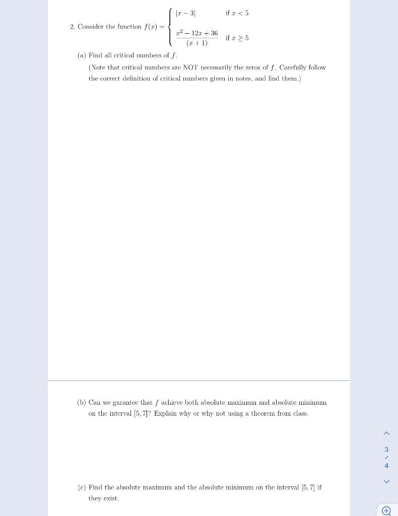 Solved 2. Consider the function f(x)={∣x−3∣(x+1)x2−12x+36 if | Chegg.com
