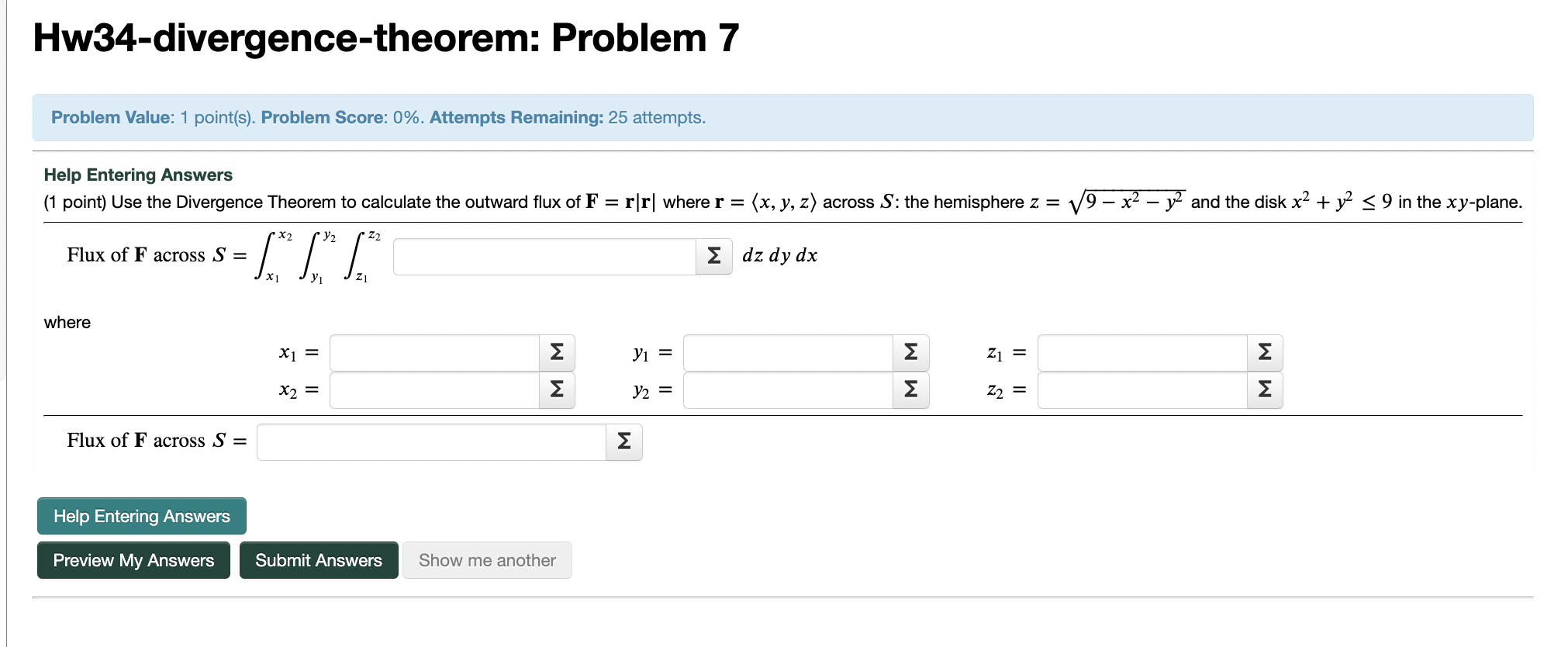 Solved Hw34-divergence-theorem: Problem 7 Problem Value: 1 | Chegg.com