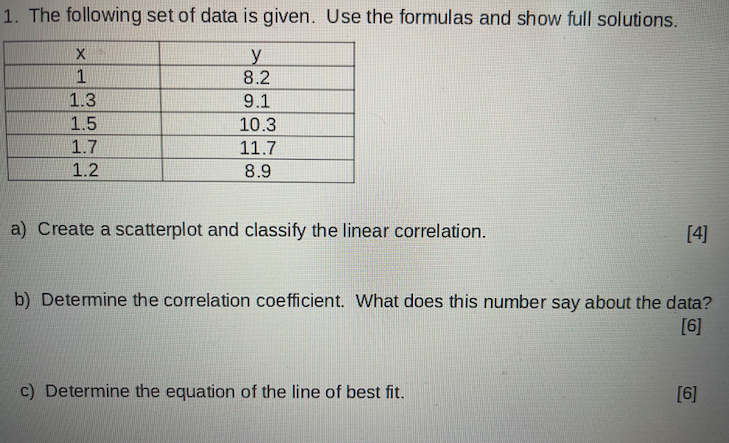 Solved 1. The following set of data is given. Use the | Chegg.com