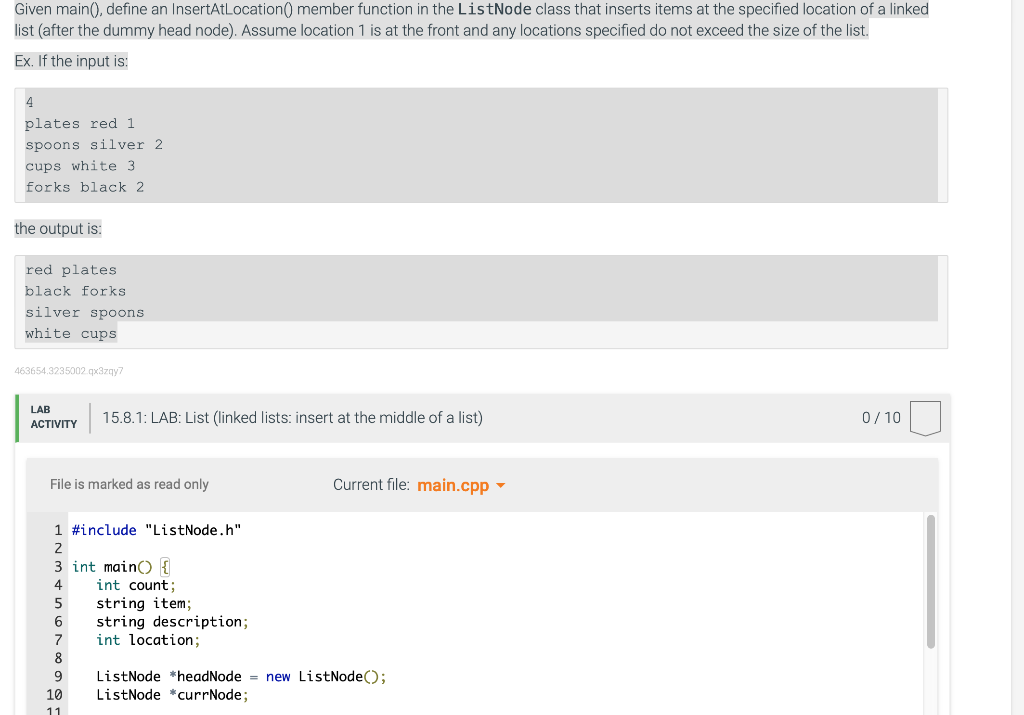 Solved Given main(), define an InsertAtLocation() member | Chegg.com