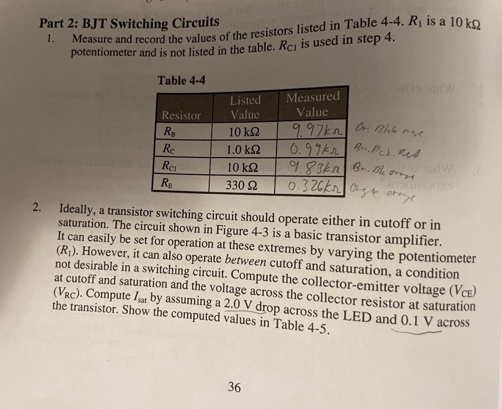 Solved Part 2: BJT Switching Circuits 1. Measure and record | Chegg.com