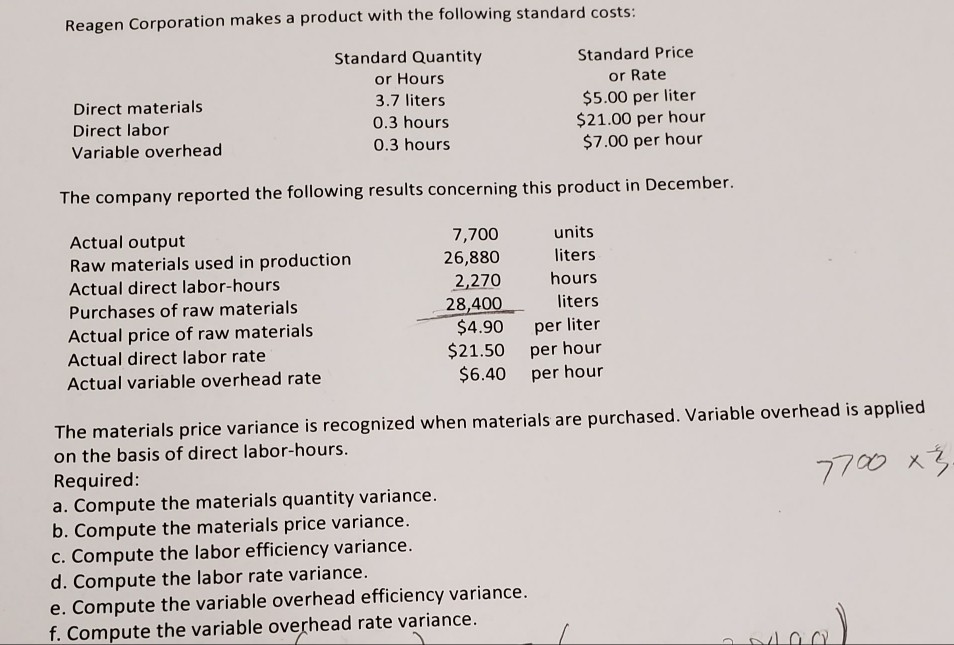 Solved Reagen Corporation makes a product with the following | Chegg.com