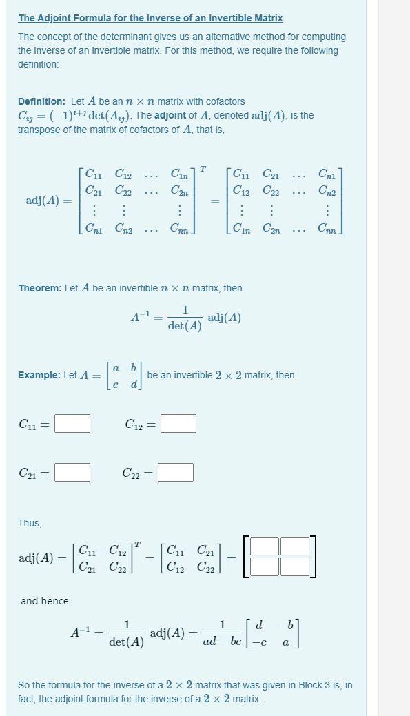 Solved The Adjoint Formula for the Inverse of an Invertible | Chegg.com