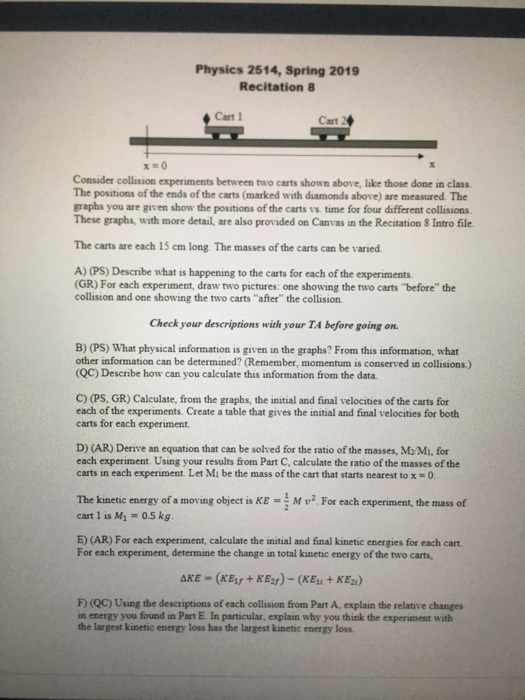 Physics 2514, Spring 2019 Recitation 8 Cart 1 Cart 2 | Chegg.com