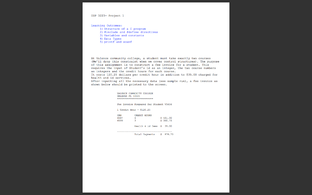 Solved COP 3223- Project 1 Learning Outcomes: 1) Structure | Chegg.com