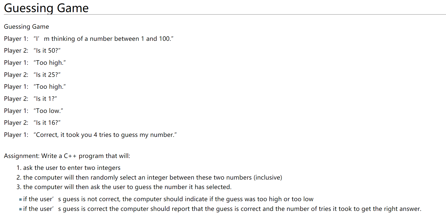 Solved Guessing Game Guessing Game Player 1: "T'm thinking | Chegg.com