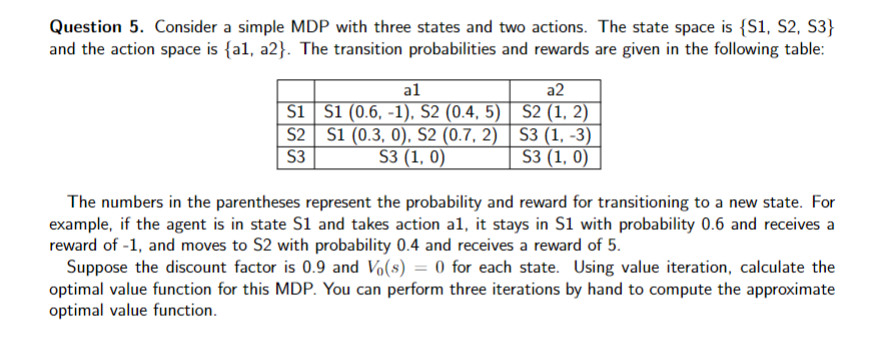 Solved Question 5. Consider a simple MDP with three states | Chegg.com