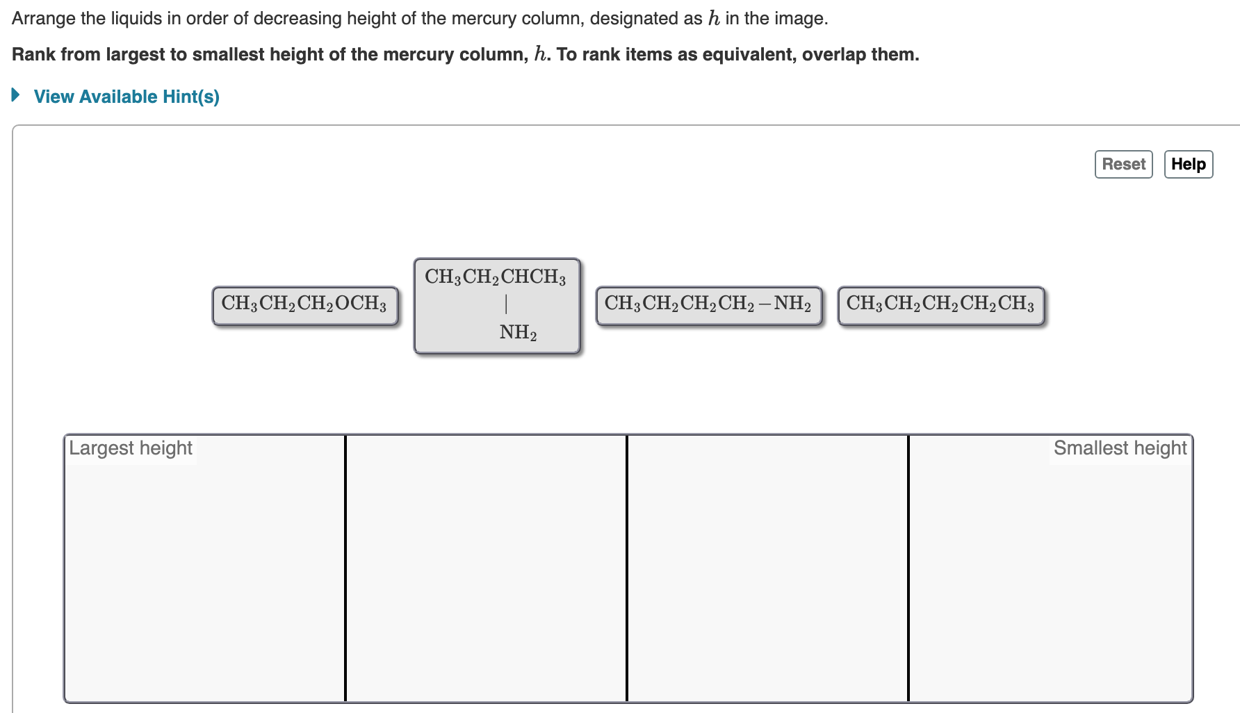 Solved Arrange the liquids in order of decreasing height of | Chegg.com