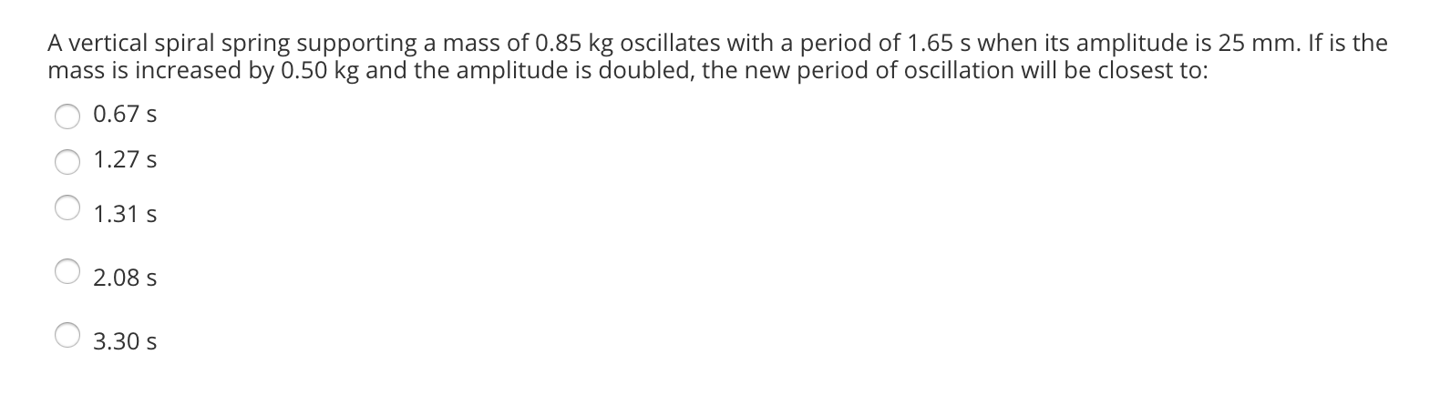 Solved A vertical spiral spring supporting a mass of 0.85 kg | Chegg.com