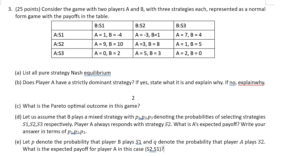 Solved (25 ﻿points) ﻿Consider the game with two players A | Chegg.com