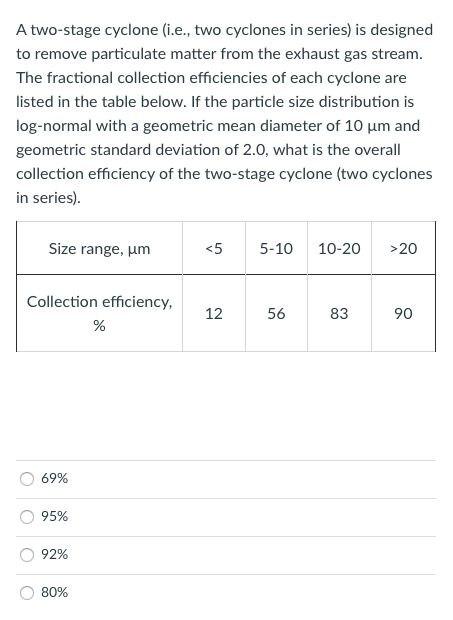 Solved A two-stage cyclone (i.e., two cyclones in series) is | Chegg.com