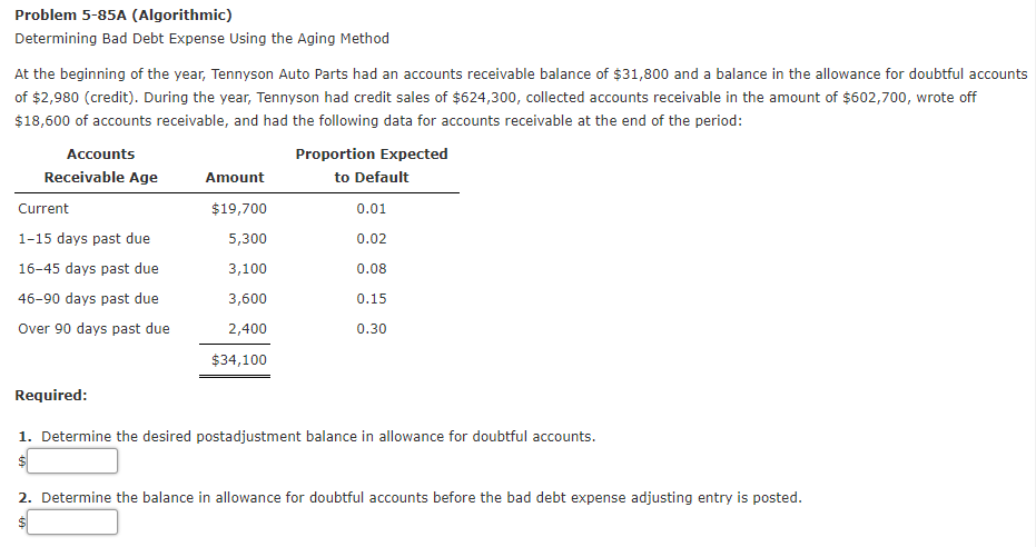 Solved Problem 5-85A (Algorithmic) Determining Bad Debt | Chegg.com