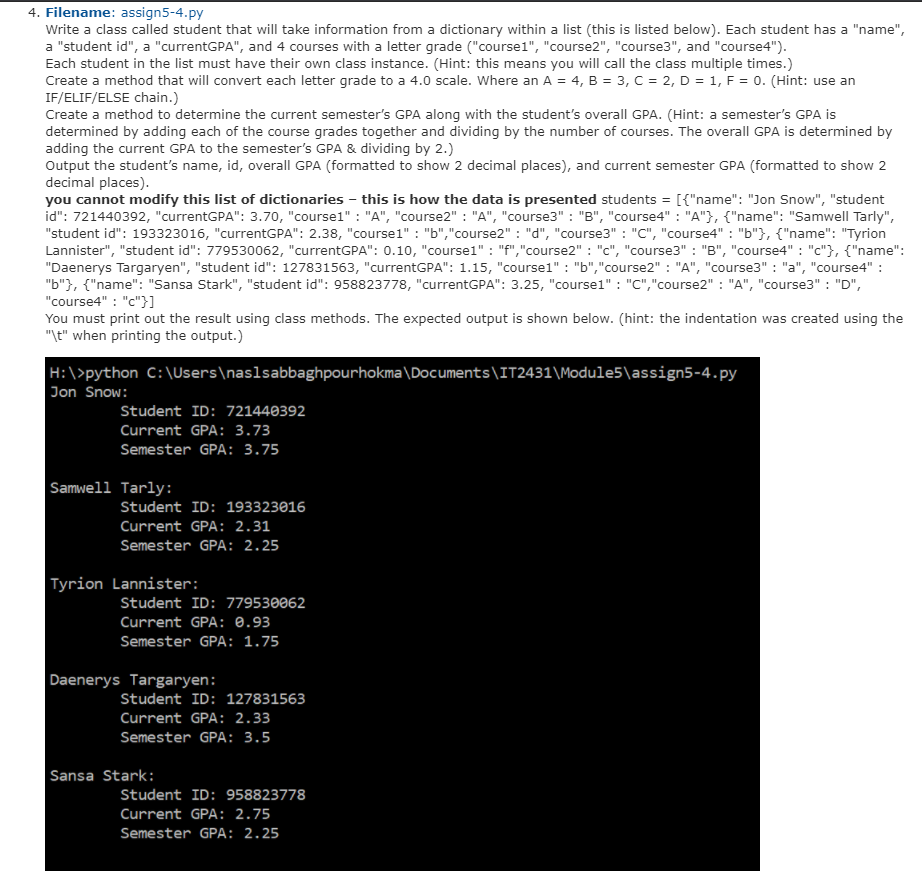 Solved 4 Filename Assign5 4 Py Write A Class Called