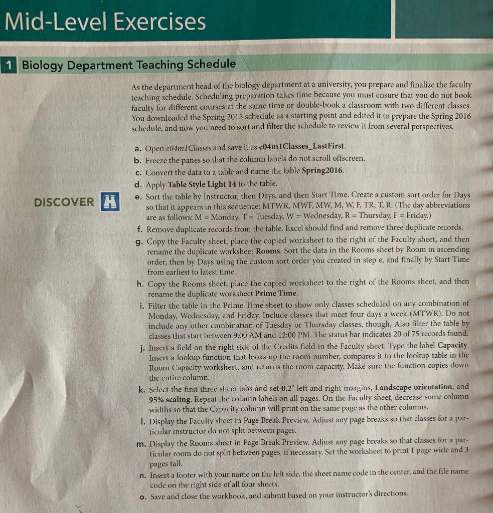 Mid-Level Exercises 1 Biology Department Teaching | Chegg.com