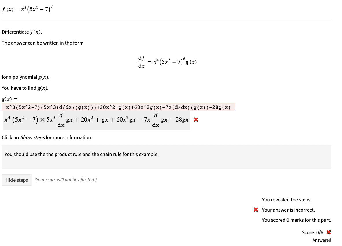 Solved 𝑓(𝑥)=𝑥5(5𝑥^2−7)7 Differentiate 𝑓(𝑥) The | Chegg.com