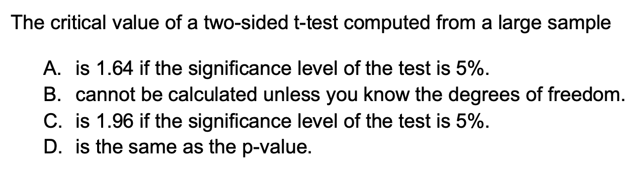 Solved The critical value of a two-sided t-test computed | Chegg.com