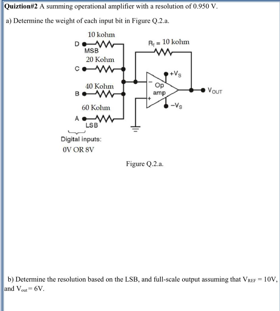 Solved Quiztion#2 A summing operational amplifier with a | Chegg.com