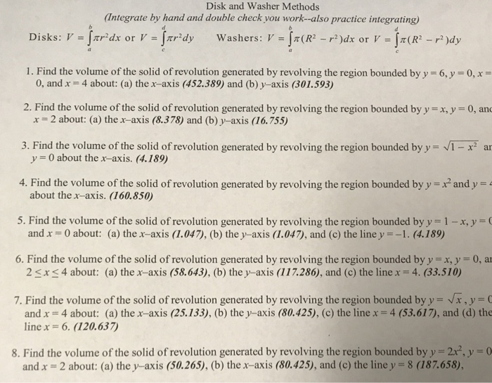 Solved Disks: V = integral^b_a pi r^2 dx or V = integral^d_c | Chegg.com