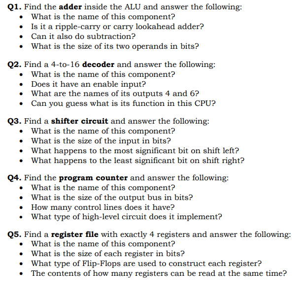 Q1. Find the adder inside the ALU and answer the | Chegg.com