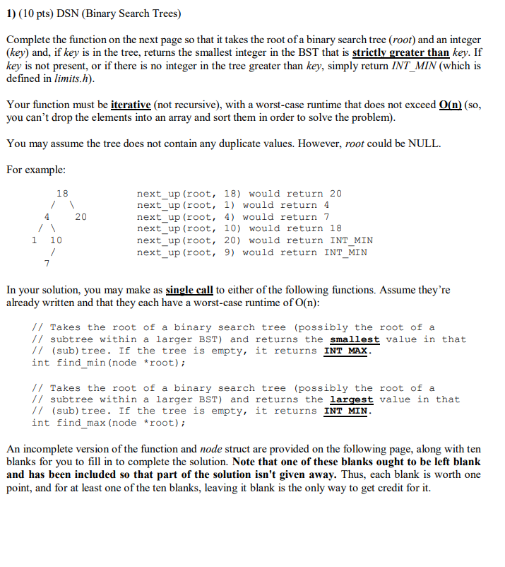 Solved 1) (10 pts) DSN (Binary Search Trees) Complete the | Chegg.com