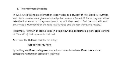 Solved 8. The Huffman Encoding In 1951, while taking an | Chegg.com
