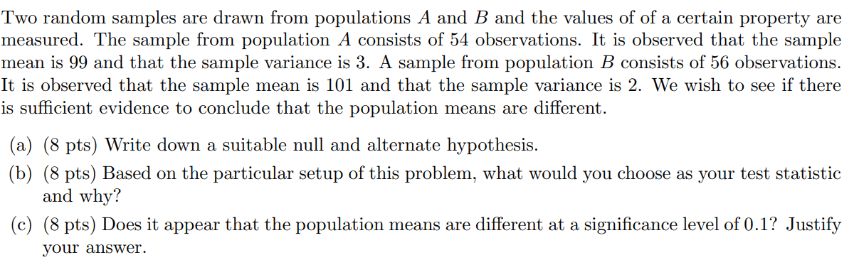Solved Two random samples are drawn from populations A and B | Chegg.com