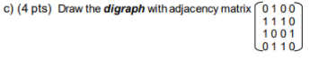 Solved c) (4 pts) Draw the digraph with adjacency matrix0100 | Chegg.com