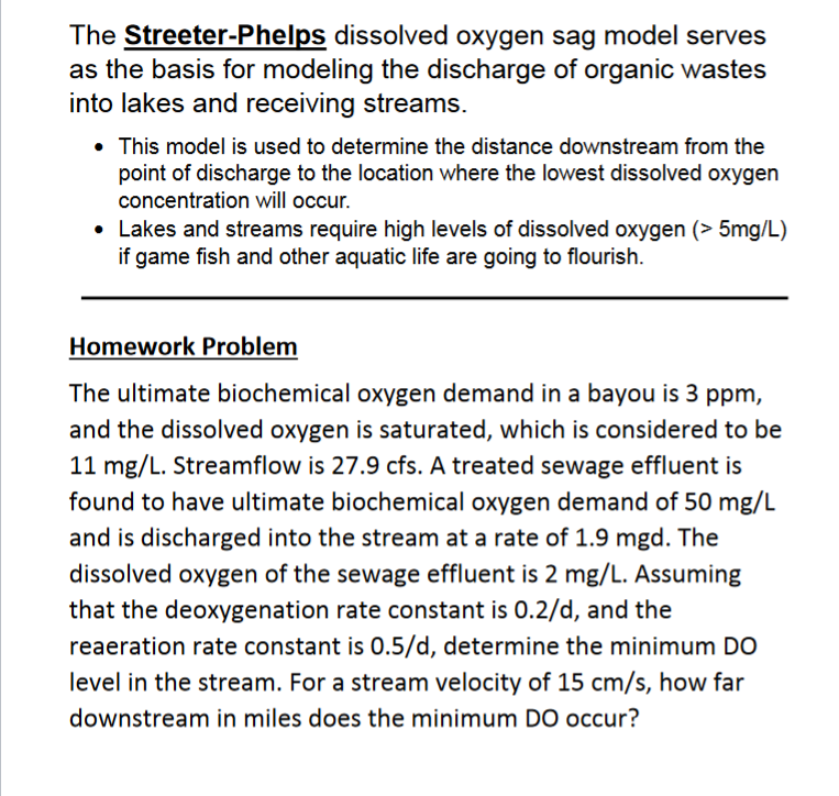 Solved The Streeter-Phelps dissolved oxygen sag model serves | Chegg.com