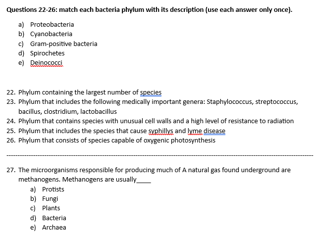 Solved Questions 22-26: match each bacteria phylum with its | Chegg.com