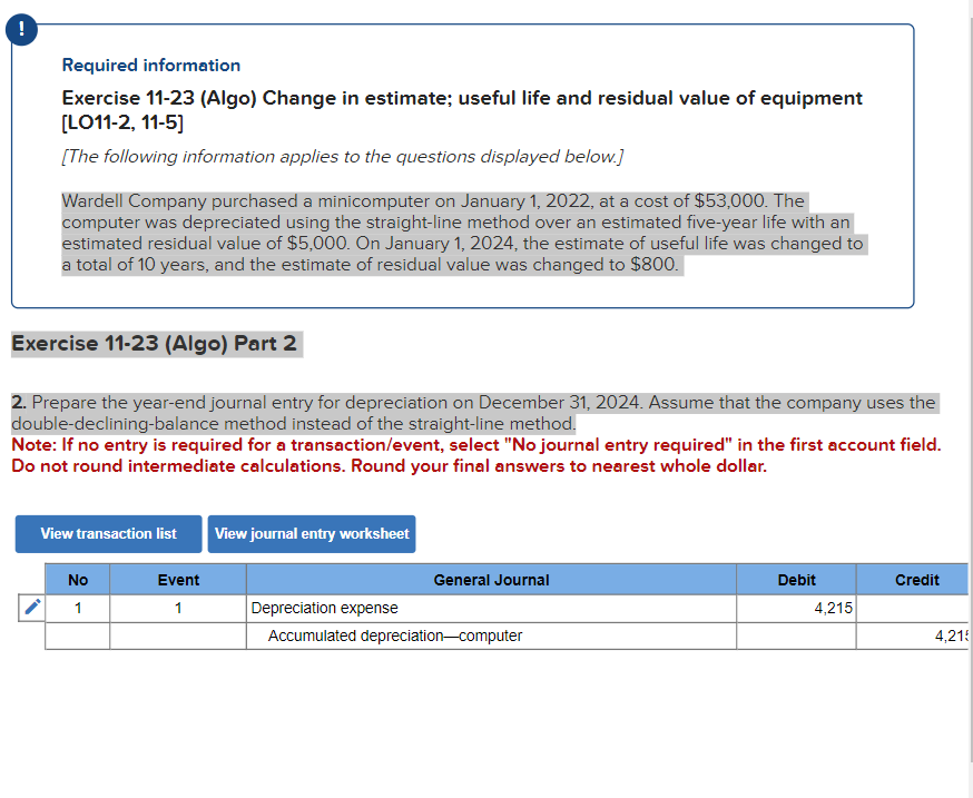 Solved Required information Exercise 11-23 (Algo) Change in | Chegg.com